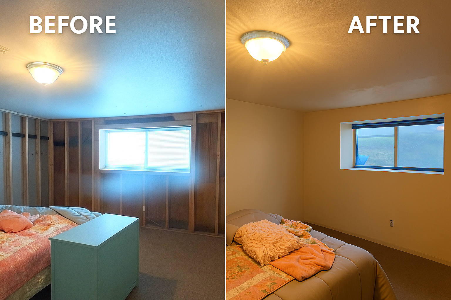 Before and after bedroom reconstruction - from exposed wall studs to ...